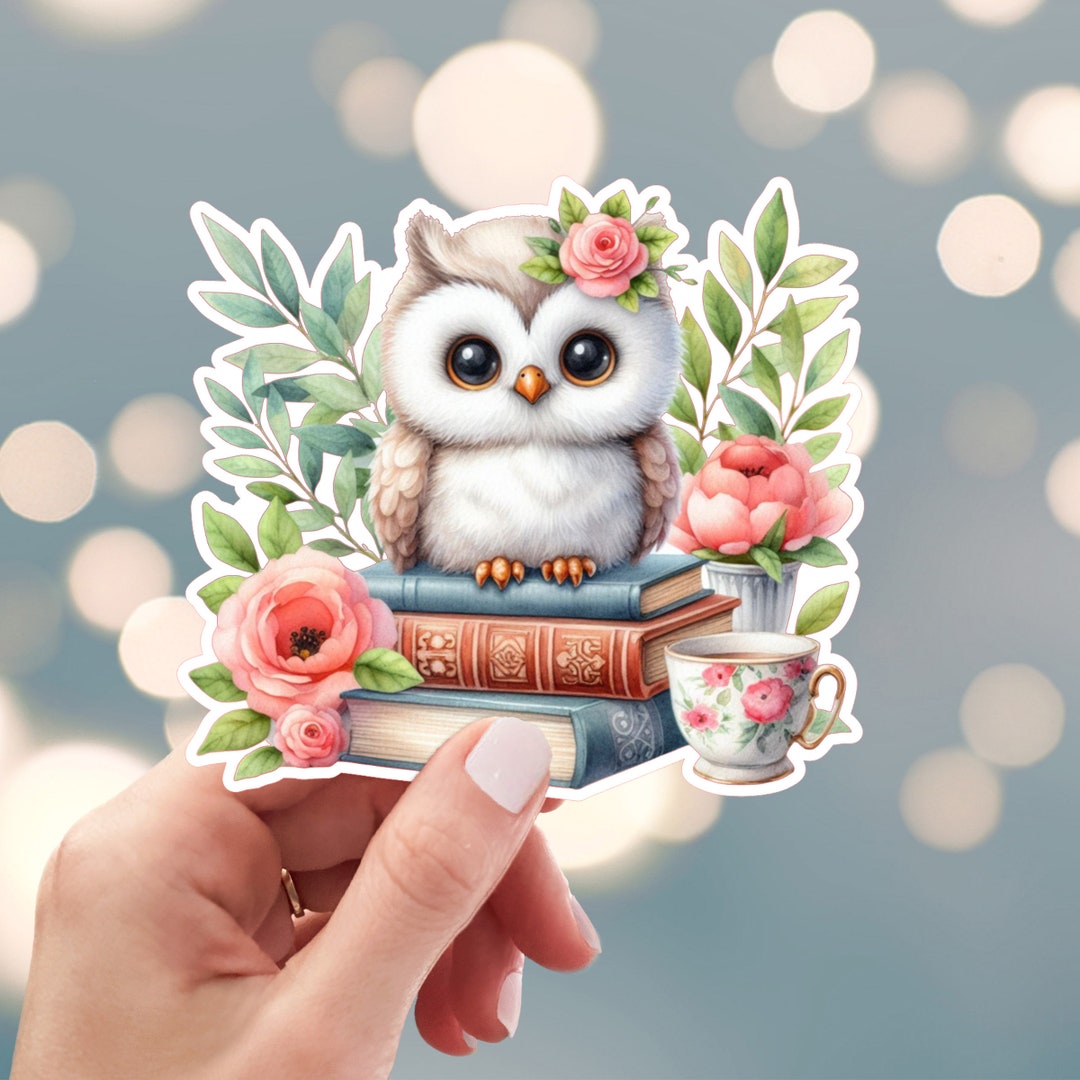 Owl on Books Sticker, Stack of Books Sticker, Owl Reading Books Sticker ...