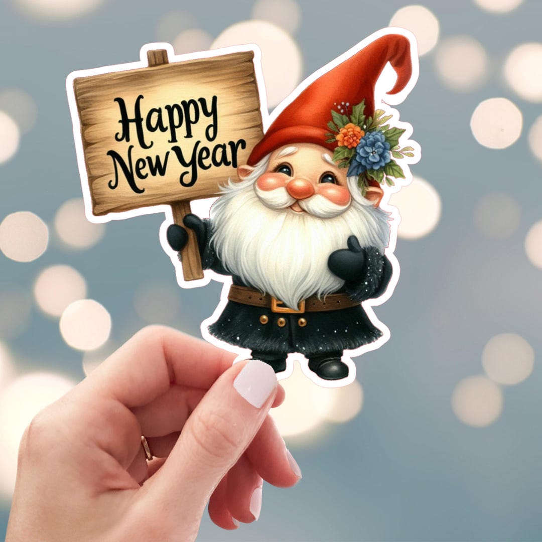 Happy New Year Gnome Sticker, New Years Day Sticker, Holiday Gnome ...