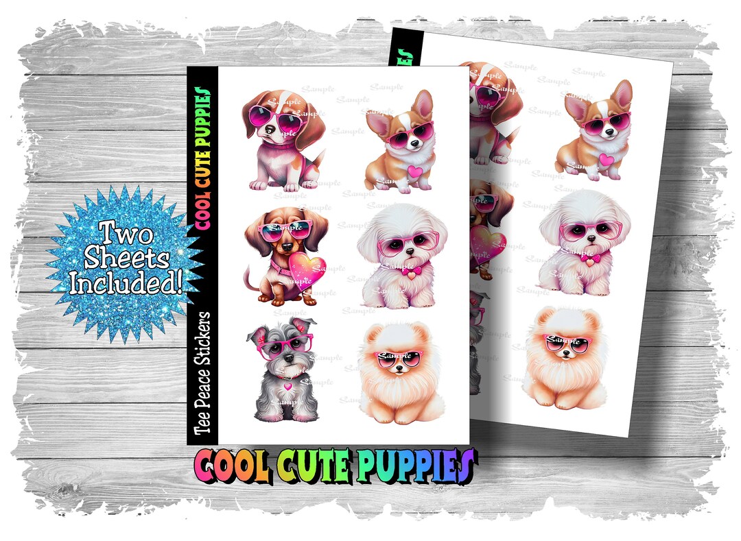 Cool Puppy Dog Sticker Sheets, 2 Sheet Bundle, Sunglass Puppies Planner ...