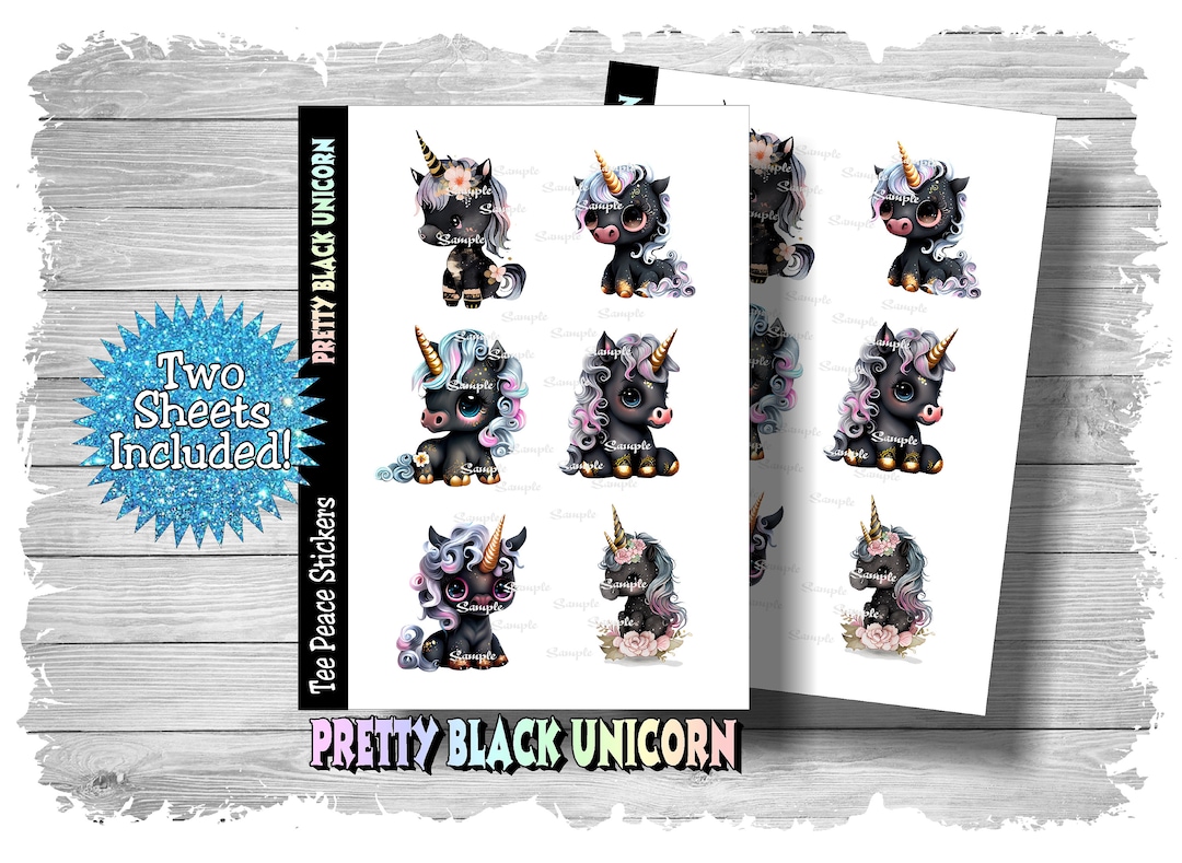 Black Unicorn Sticker Sheets, 2 Sheet Bundle, Unicorn Stickers, Unicorn ...