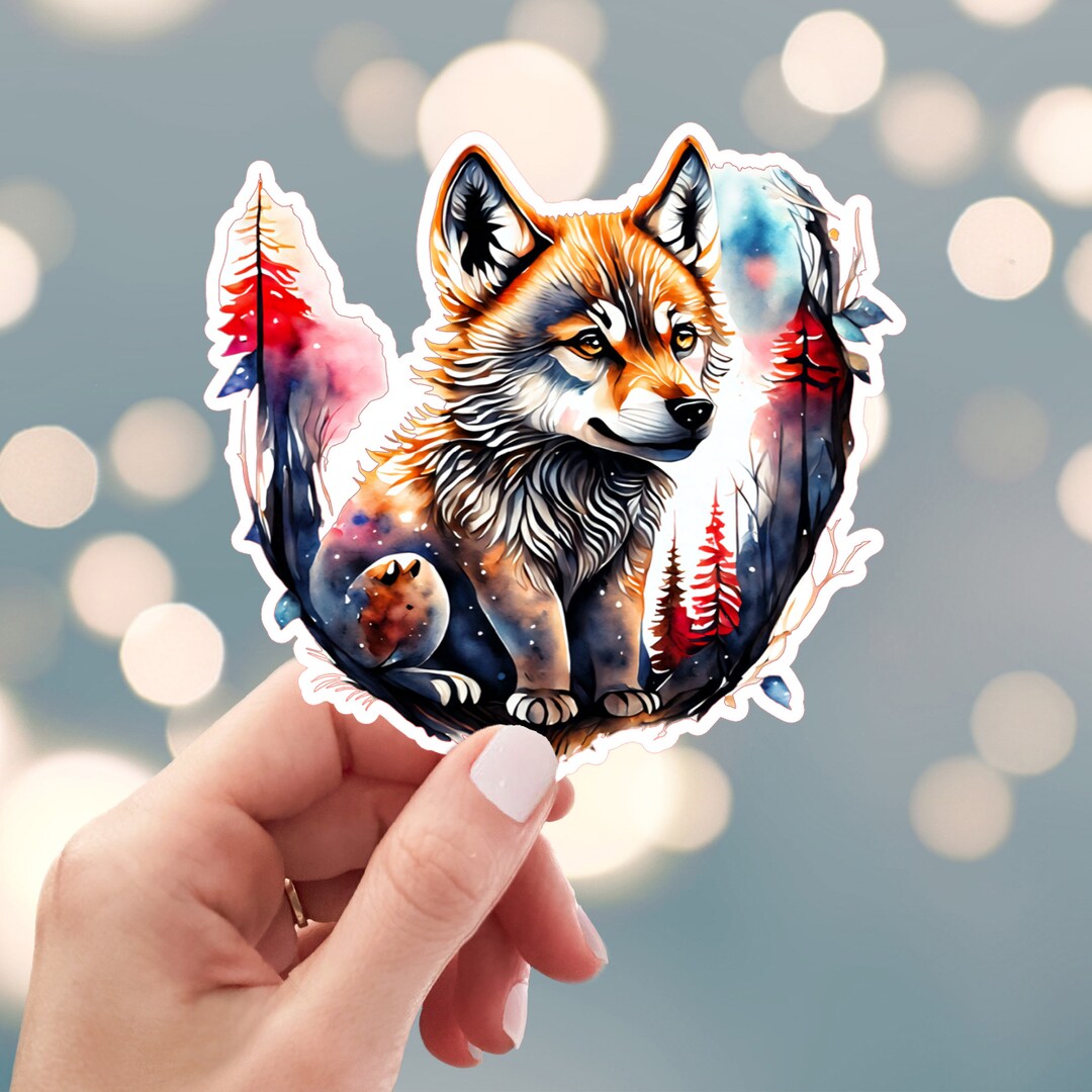 Baby Wolf Sticker, Mountain Wolf Sticker, Watercolor Wolf Art Sticker ...