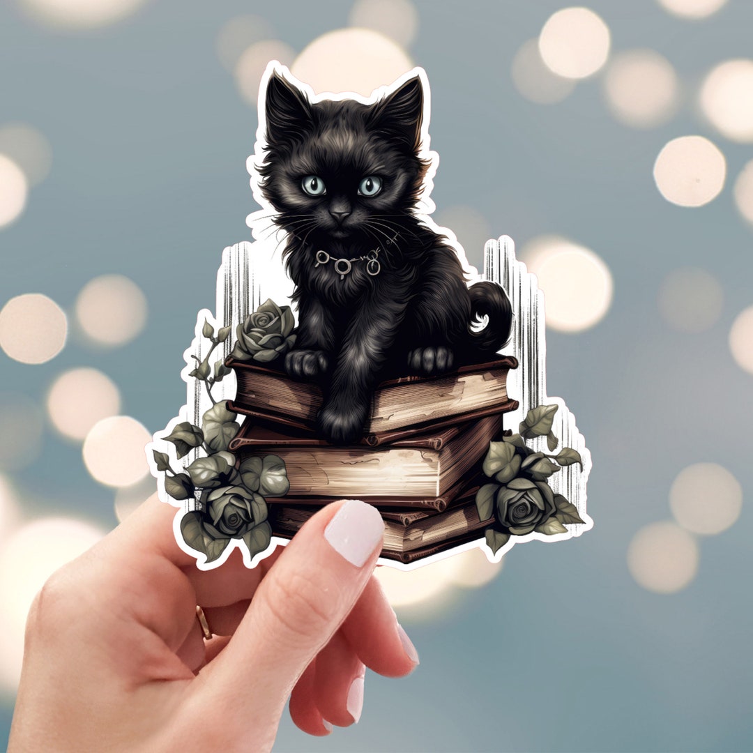 Black Cat Books Sticker, Stack of Books Sticker, Library Kitten Books ...