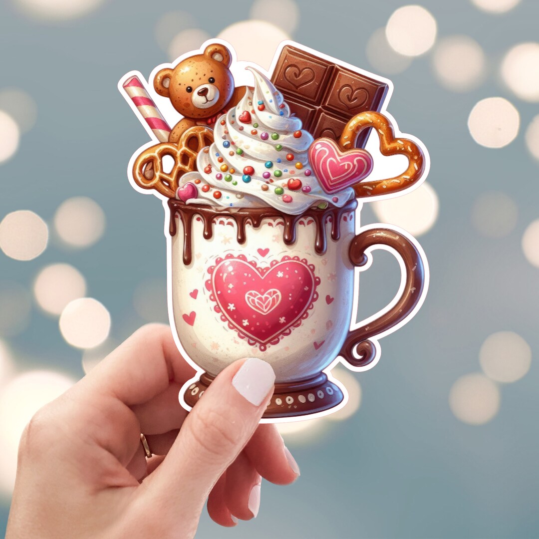 Hot Cocoa Mug Sticker, Chocolate Candy Cocoa Sticker, Pink Coffee Cup ...
