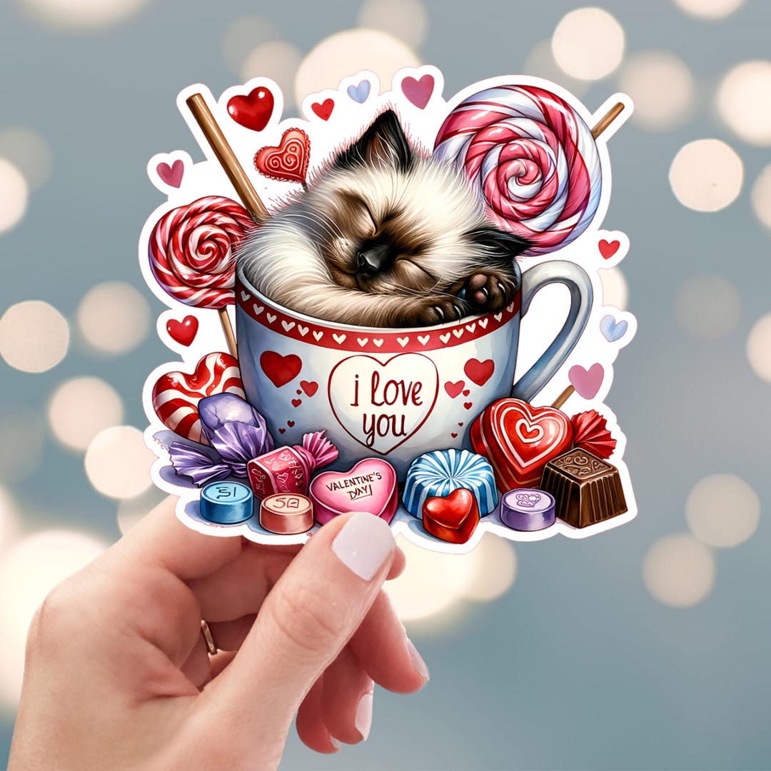 Valentine Kitten Sticker, I Love You Cat Sticker, Cat in A Cup Sticker ...