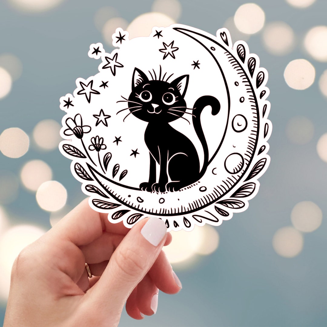 Black Cat Sticker, Half Moon Sticker, Astrological Celestial Sticker ...
