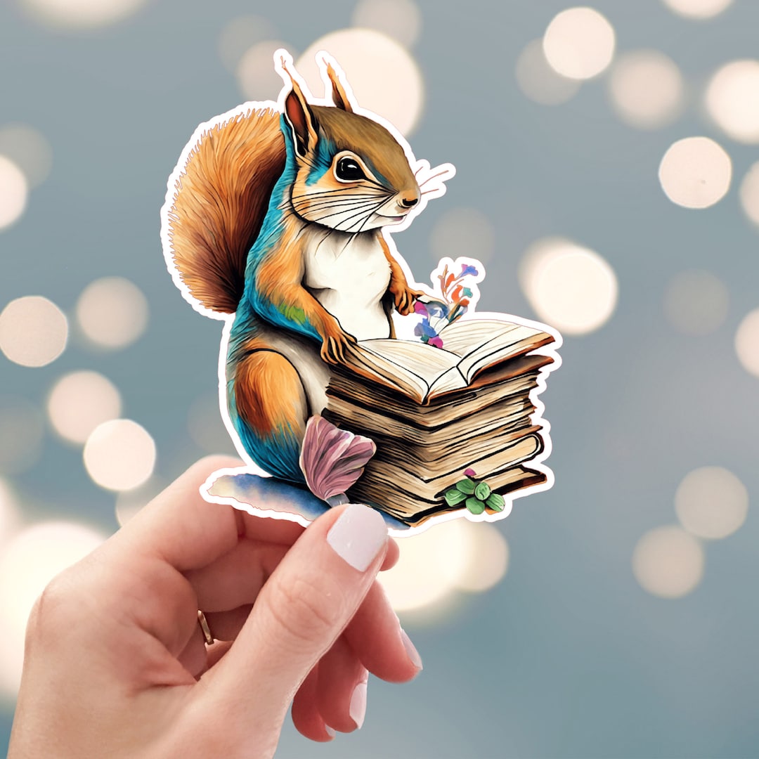 Squirrel Reading A Book Sticker, Stack of Books Sticker, Baby Squirrel ...
