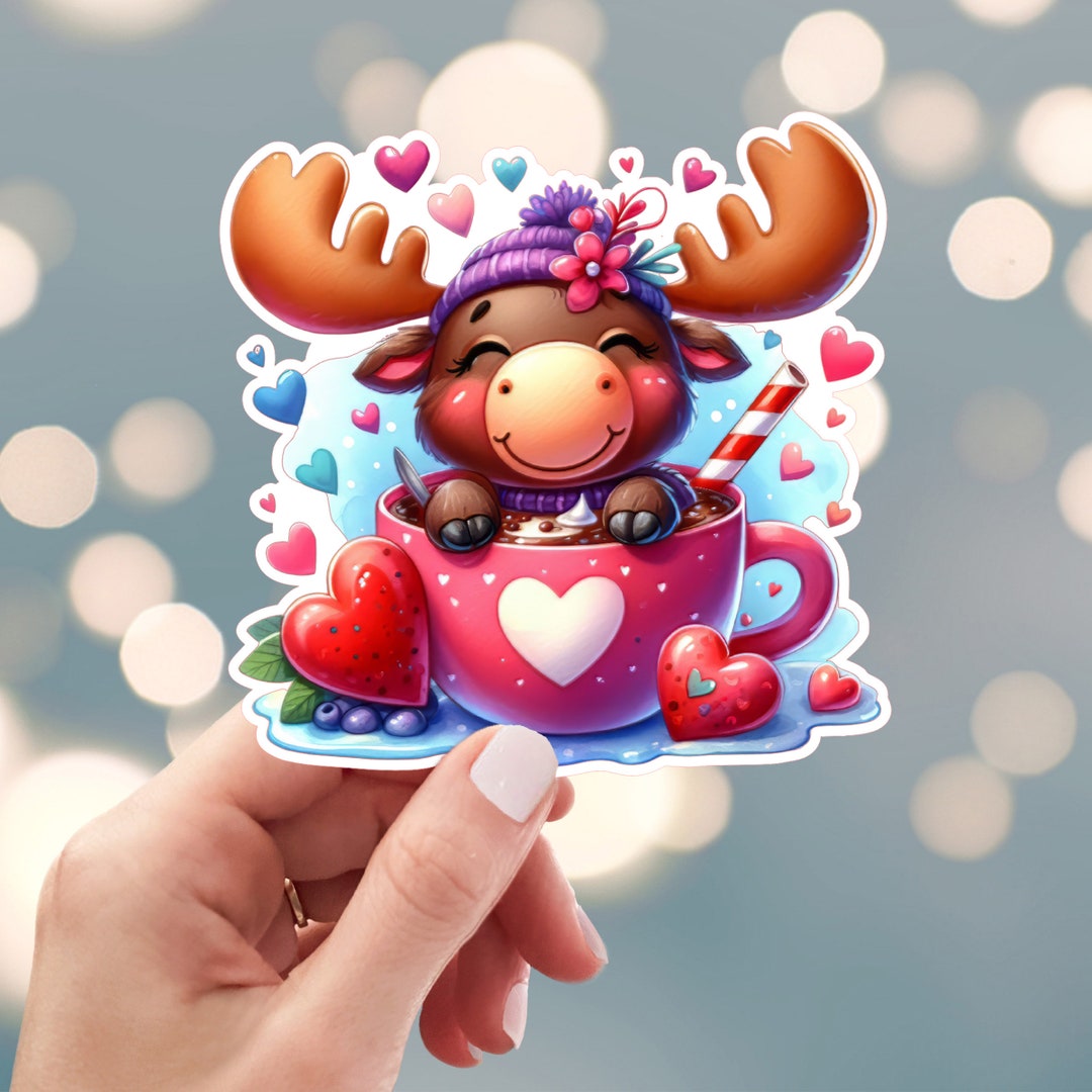 Moose Sticker, Cup of Cocoa Sticker, Heart Love Coffee Sticker, Kawaii ...