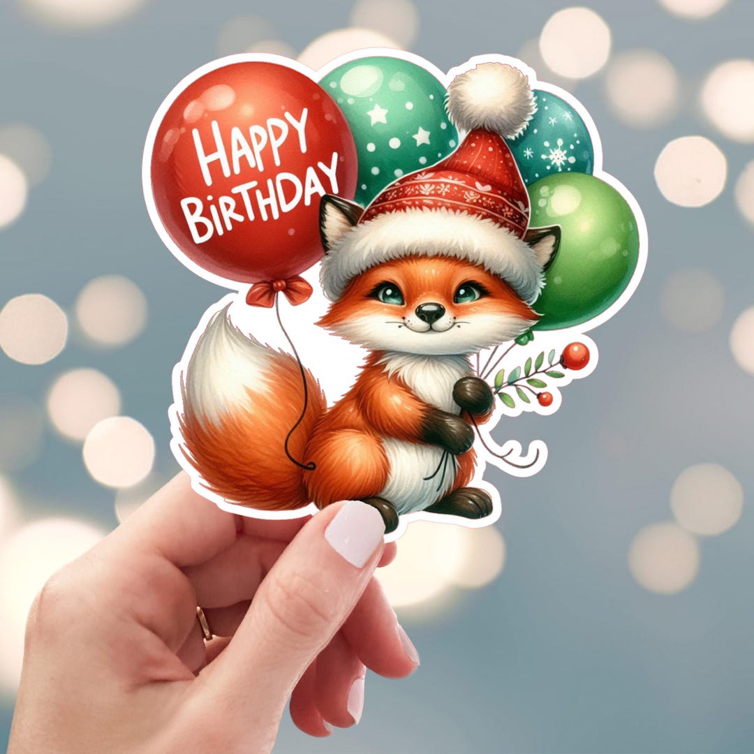 Happy Birthday Fox Sticker, Christmas Birthday Sticker, Winter Red Fox ...