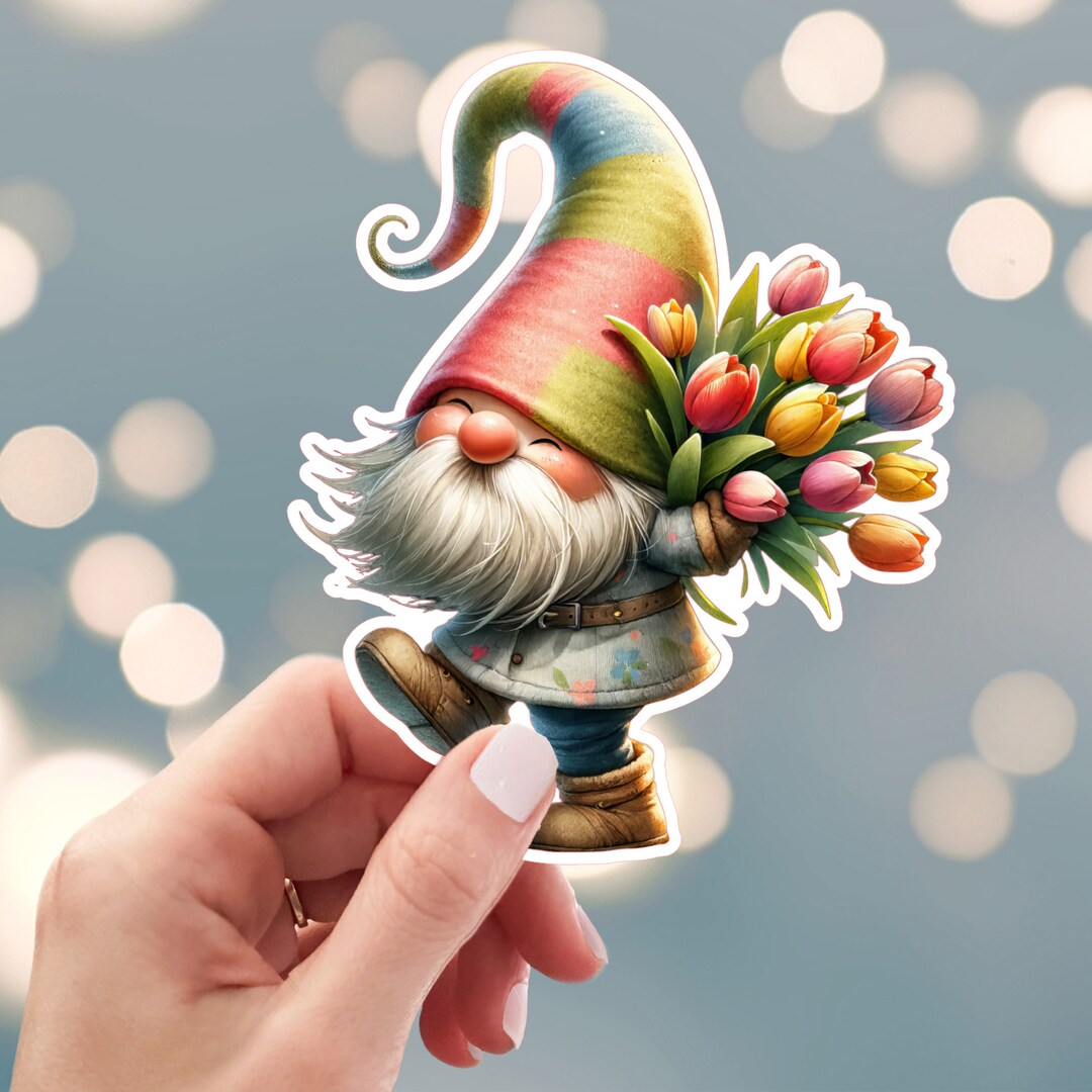 Garden Gnome Sticker, Tulip Gnome Sticker, Floral Gnome Sticker, Floral ...