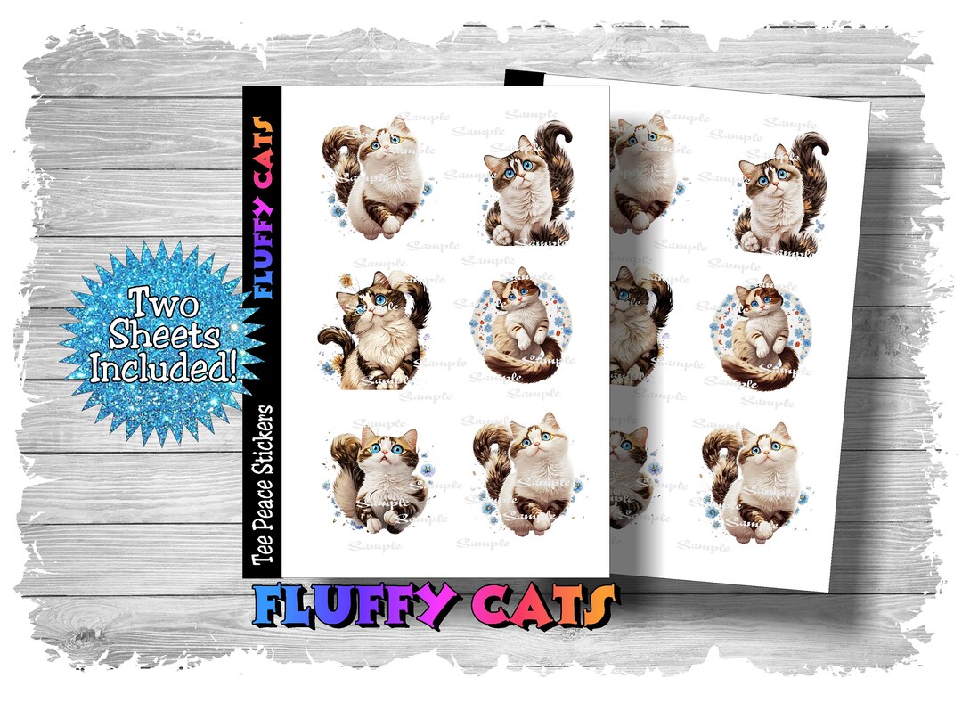 Fluffy Cat Sticker Sheets, 2 Sheet Bundle, Blue Eyed Cat Stickers ...