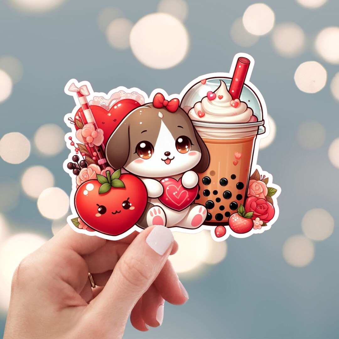 Kawaii Puppy Boba Tea Sticker, Strawberry Refresher Sticker, Bubble Tea ...