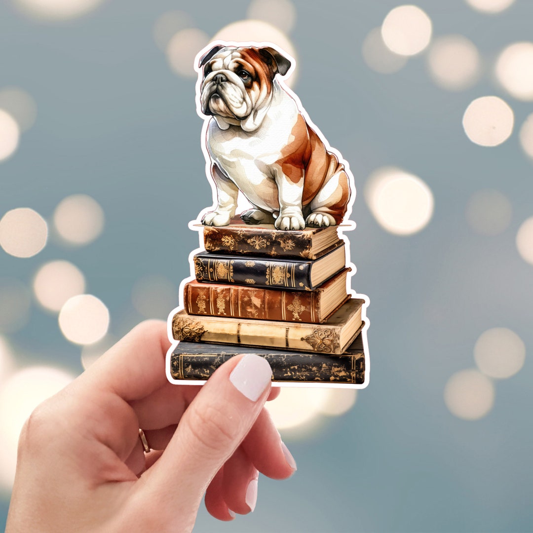 Bulldog on Books Sticker, Stack of Books Sticker, Pet Bull Dog Sticker ...