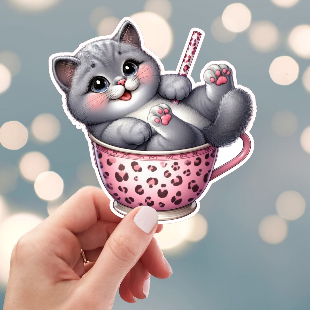 Cat in A Cup Sticker, Animal Print Tea Cup Sticker, Gray Cat Baby ...
