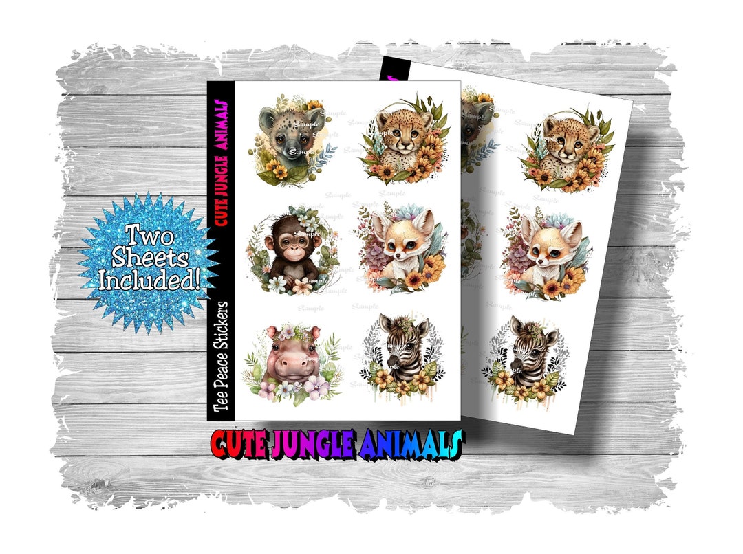 Cute Jungle Animal Sticker Sheets, 2 Sheet Bundle, Baby Rhino Stickers ...
