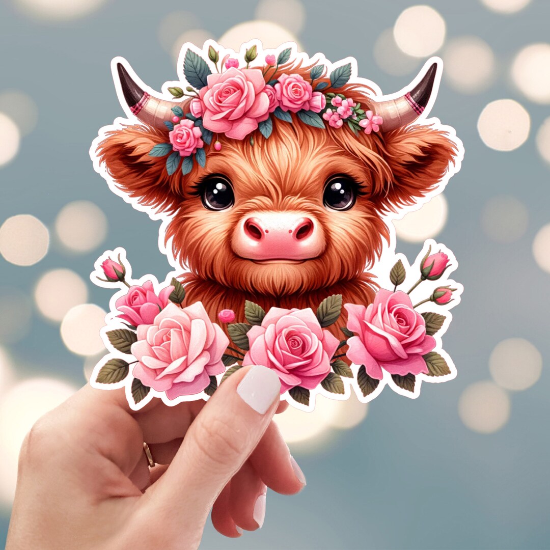 Baby Highland Cow Sticker, Pink Rose Cow Sticker, Longhorn Cow Sticker ...