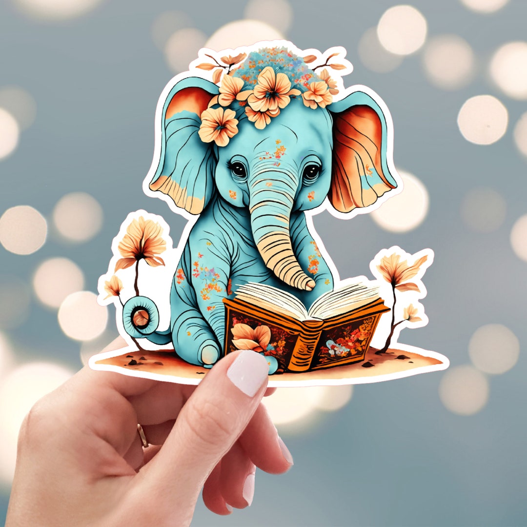 Blue Elephant Sticker, Elephant Reading Book Sticker, Baby Elephant ...