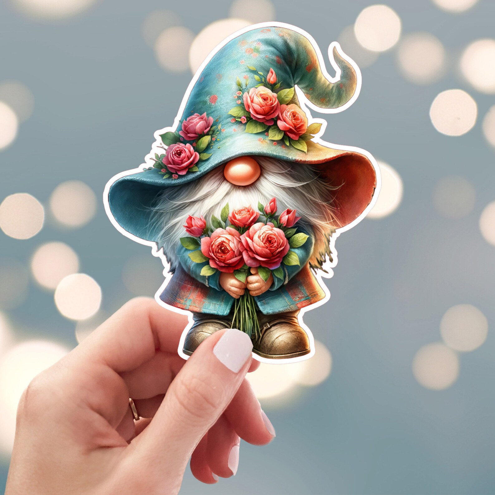 Garden Gnome Sticker, Pink Rose Gnome Sticker, Floral Gnome Sticker ...