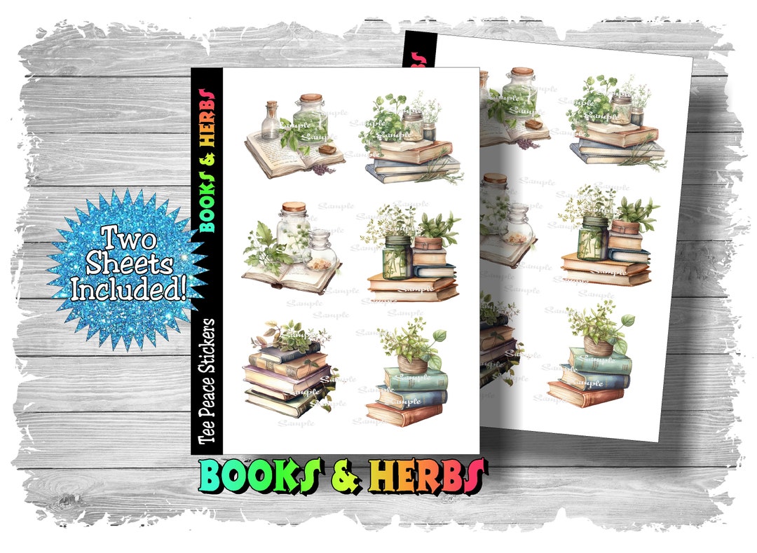 Books & Herbs Sticker Sheets, 2 Sheet Bundle, Herbalist Stickers, Herb ...