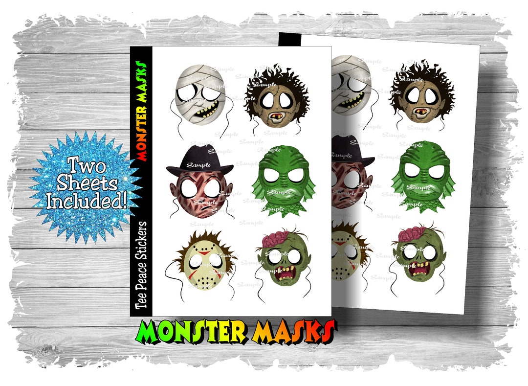 Monster Masks Sticker Sheets, 2 Sheet Bundle, Halloween Mask Planner ...