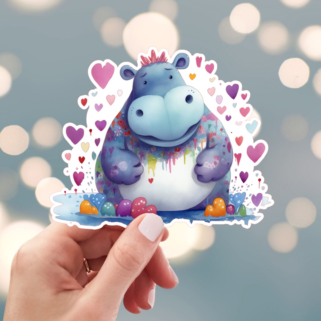 Hippo Sticker, Blue Hippopotamus Sticker, Valentines Hippo Sticker, I ...