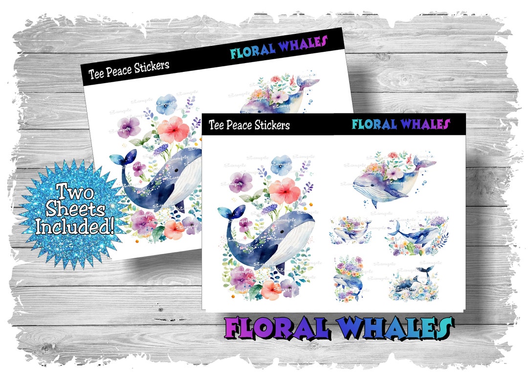 Blue Whale Sticker Sheets, 2 Sheet Bundle, Floral Whale Stickers, Ocean ...