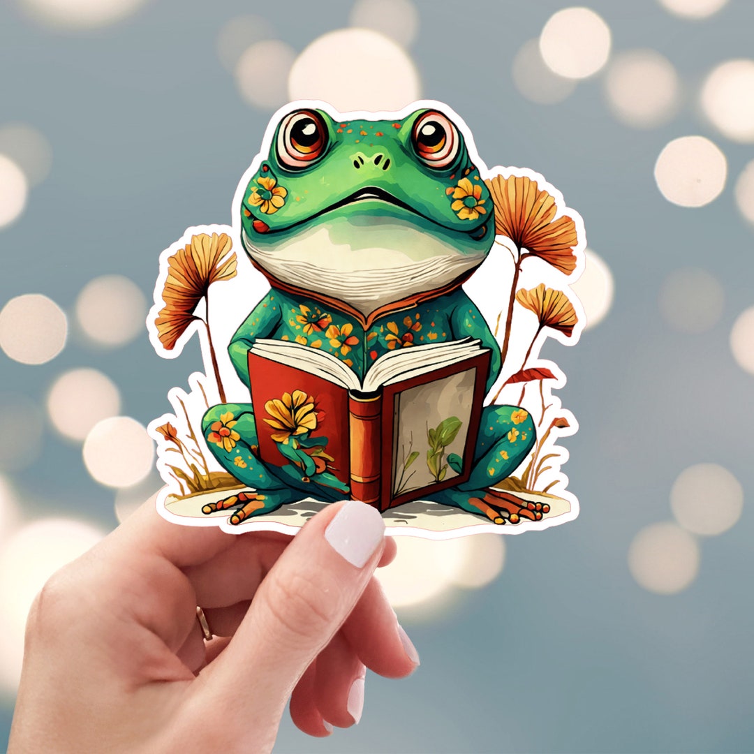 Frog Sticker, Reading Frog Sticker, Green Frog With Books Sticker ...