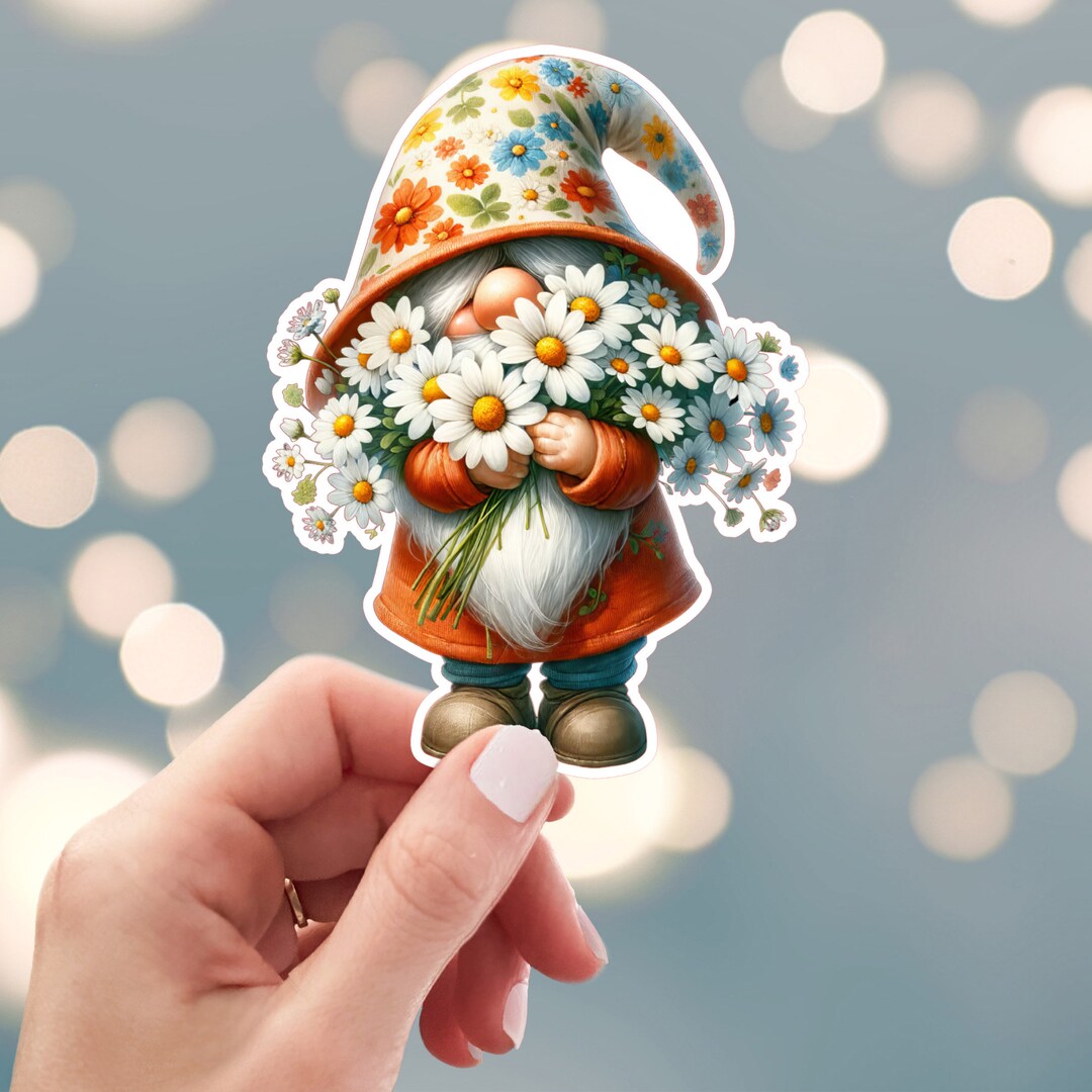 Garden Gnome Sticker, Daisy Gnome Sticker, Floral Gnome Sticker, Floral ...