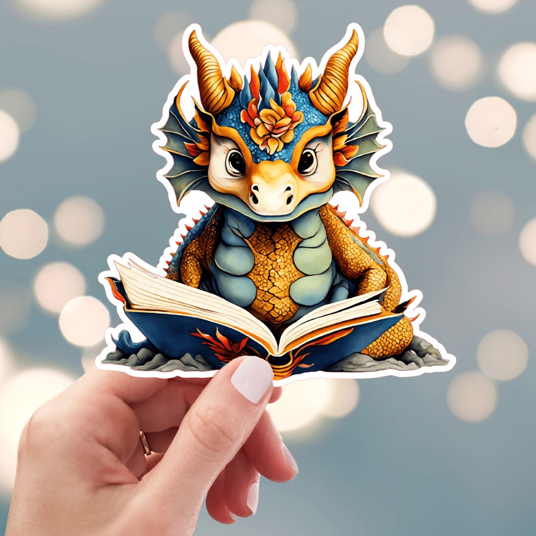 Reading Dragon Sticker, Dragon Book Sticker, Library Book Dragon ...