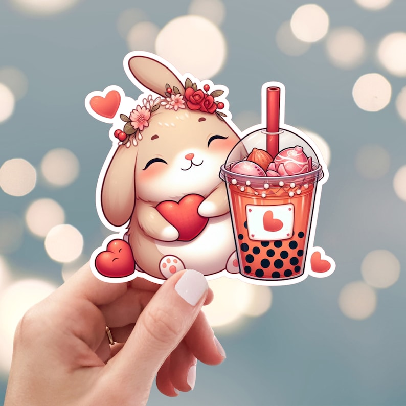 Kawaii Bunny Boba Tea Sticker, Strawberry Refresher Sticker, Bubble Tea ...