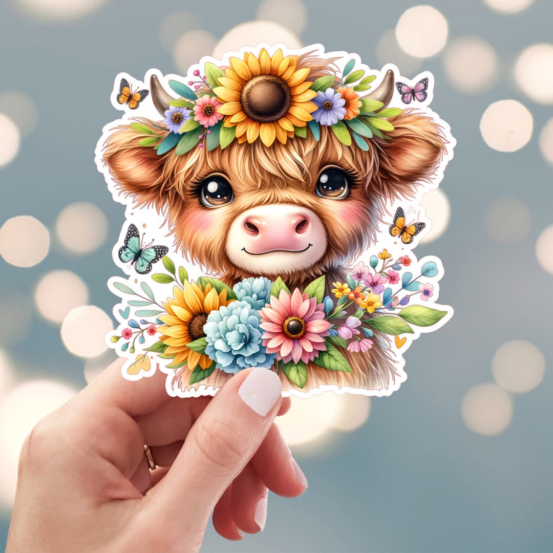 Baby Highland Cow Sticker, Sunflower Cow Sticker, Long Horn Cow Sticker ...