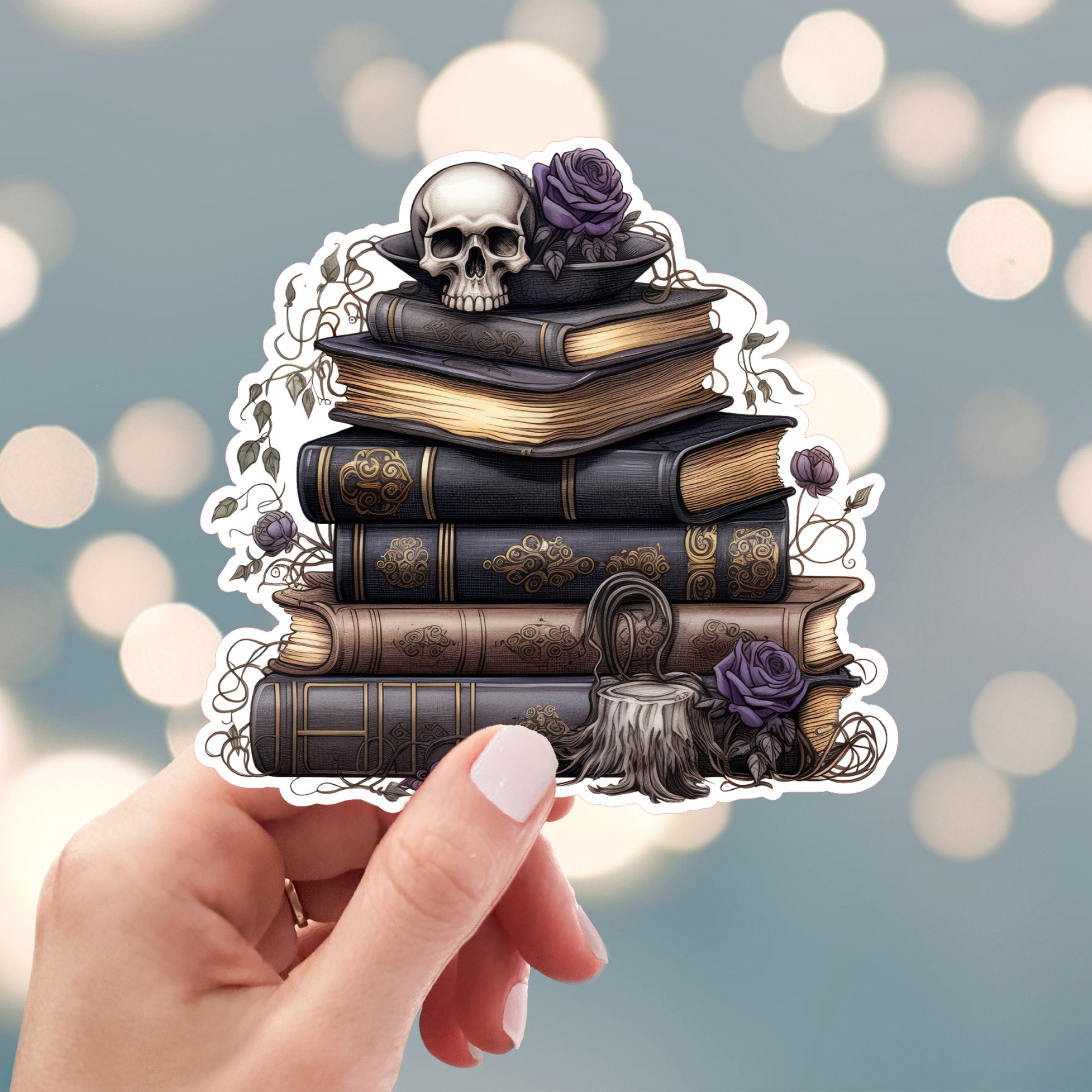 Skull Books Sticker, Stack of Books Sticker, Library Black Rose Books ...