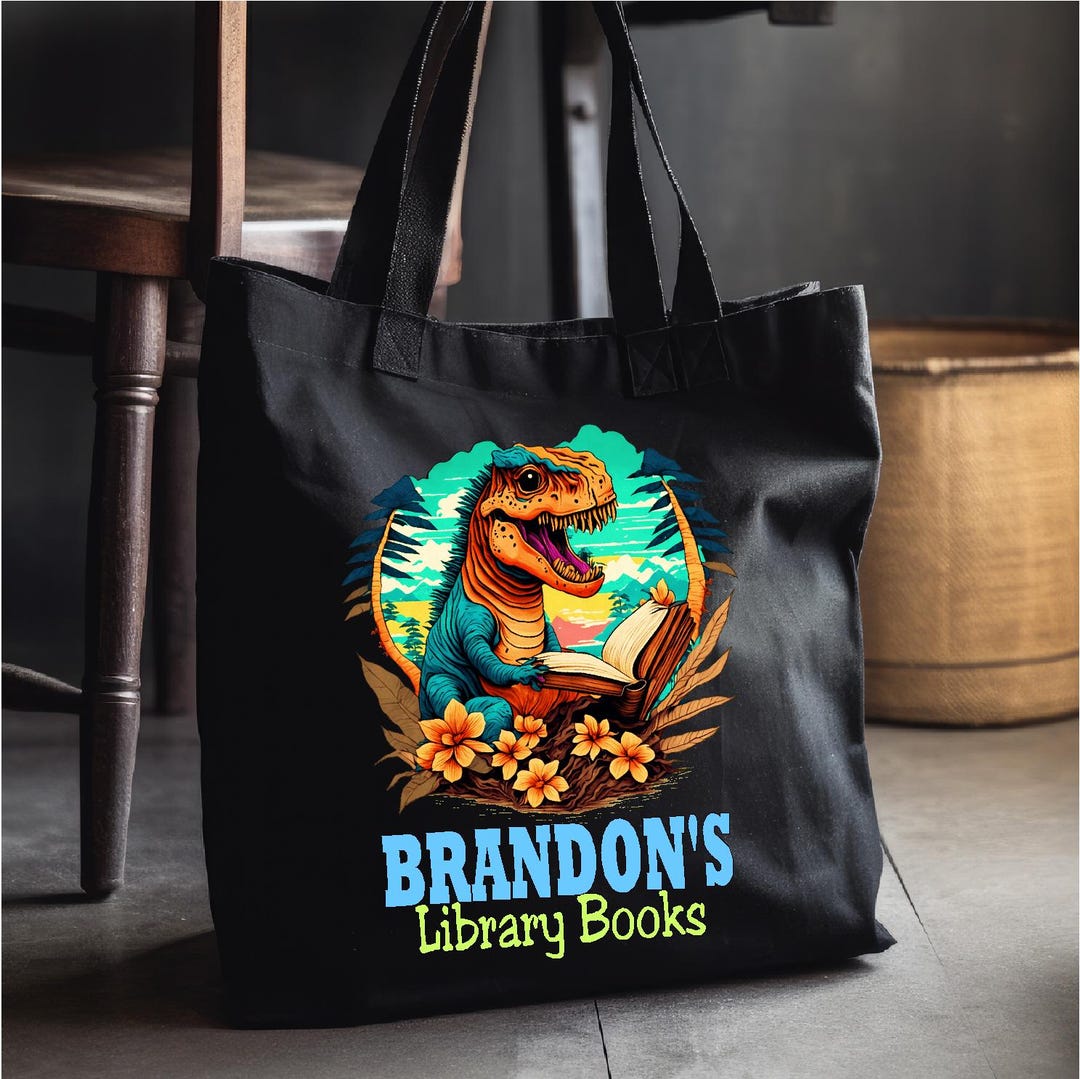 Dinosaur Tote Bag, Reading Dinosaur Tote, Dino Library Book, Book Club ...