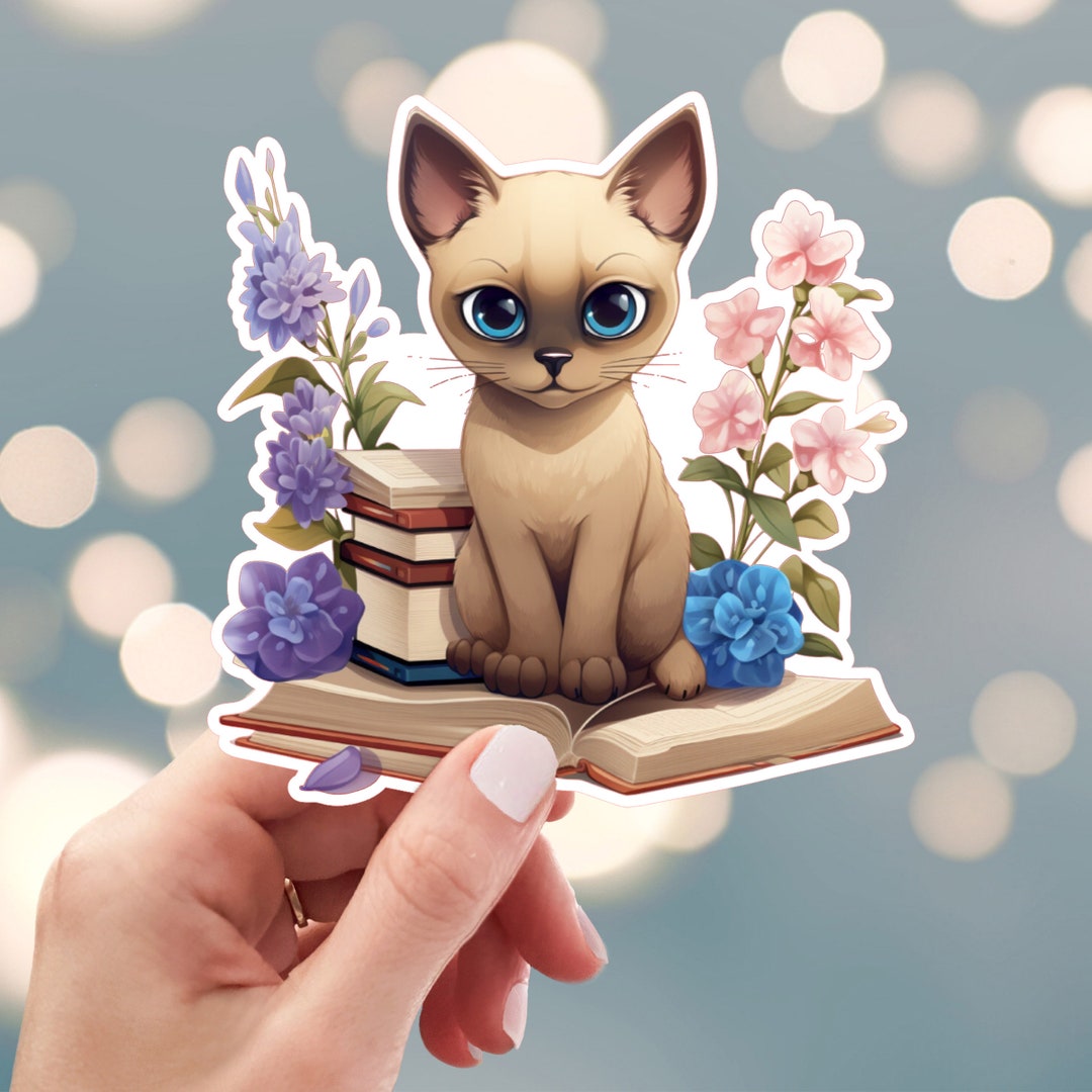 Siamese Cat Read Book Sticker, Library School Books Sticker, Floral ...