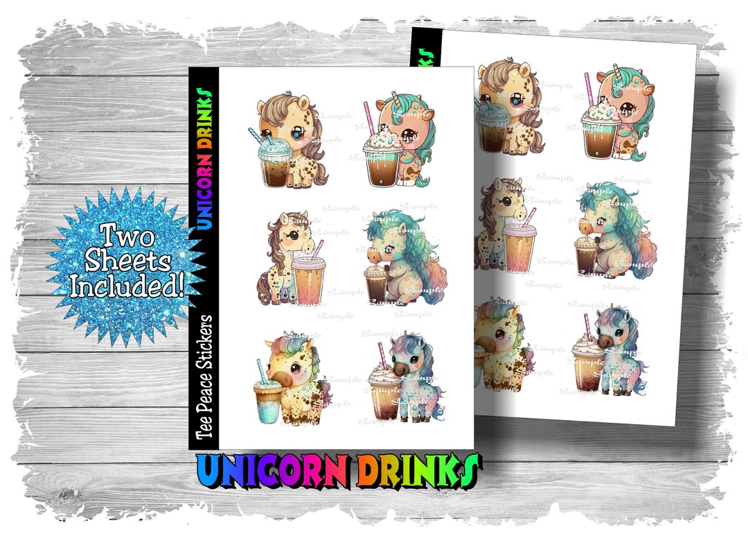 Unicorn Drinks Sticker Sheets, 2 Sheet Bundle, Unicorn Coffee Stickers ...