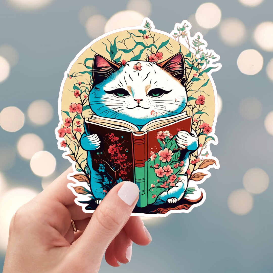 White Cat Sticker, Cat Reading Book Sticker, Chinese Floral Cat Sticker ...