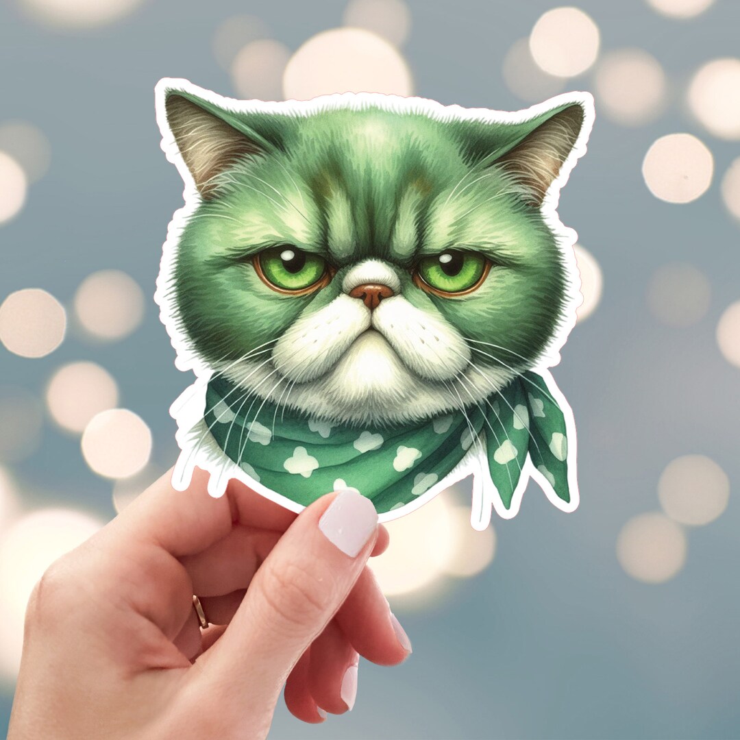 Mean Green Cat Sticker, Cute Farm Cat Sticker, Grouchy Pet Cat Sticker ...