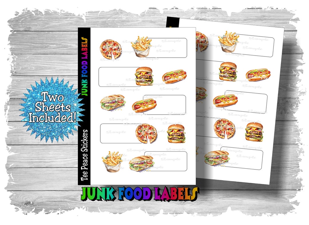 Fast Food Label Sticker Sheets, 2 Sheet Bundle, Junk Food Stickers ...