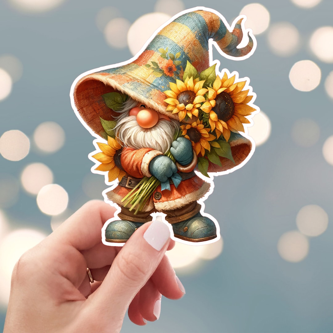 Garden Gnome Sticker, Sunflower Gnome Sticker, Floral Gnome Sticker ...