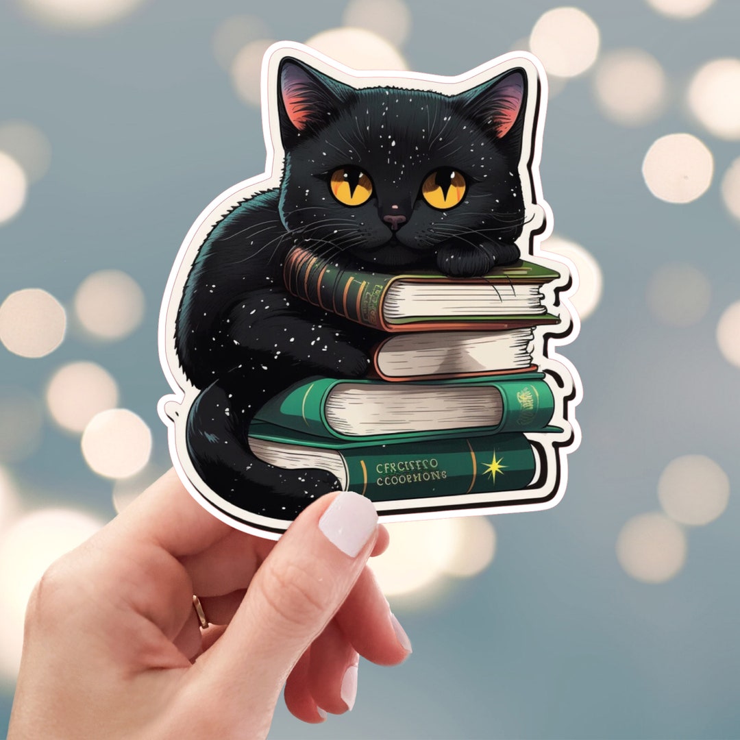 Sleepy Cat Sticker, Cat on Stack of Books Sticker, Black Cat Sticker ...