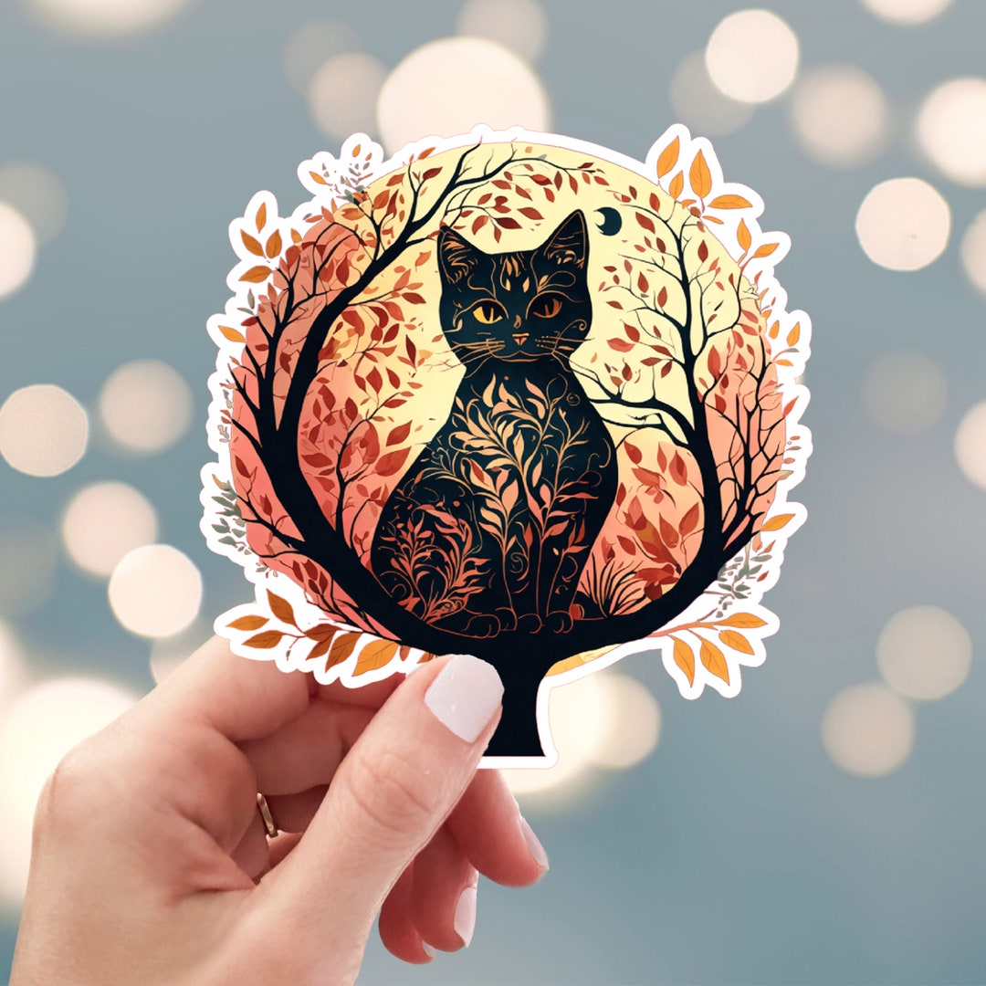 Black Cat Sticker, Cat in Tree Sticker, Autumn Leaf Cat Sticker ...