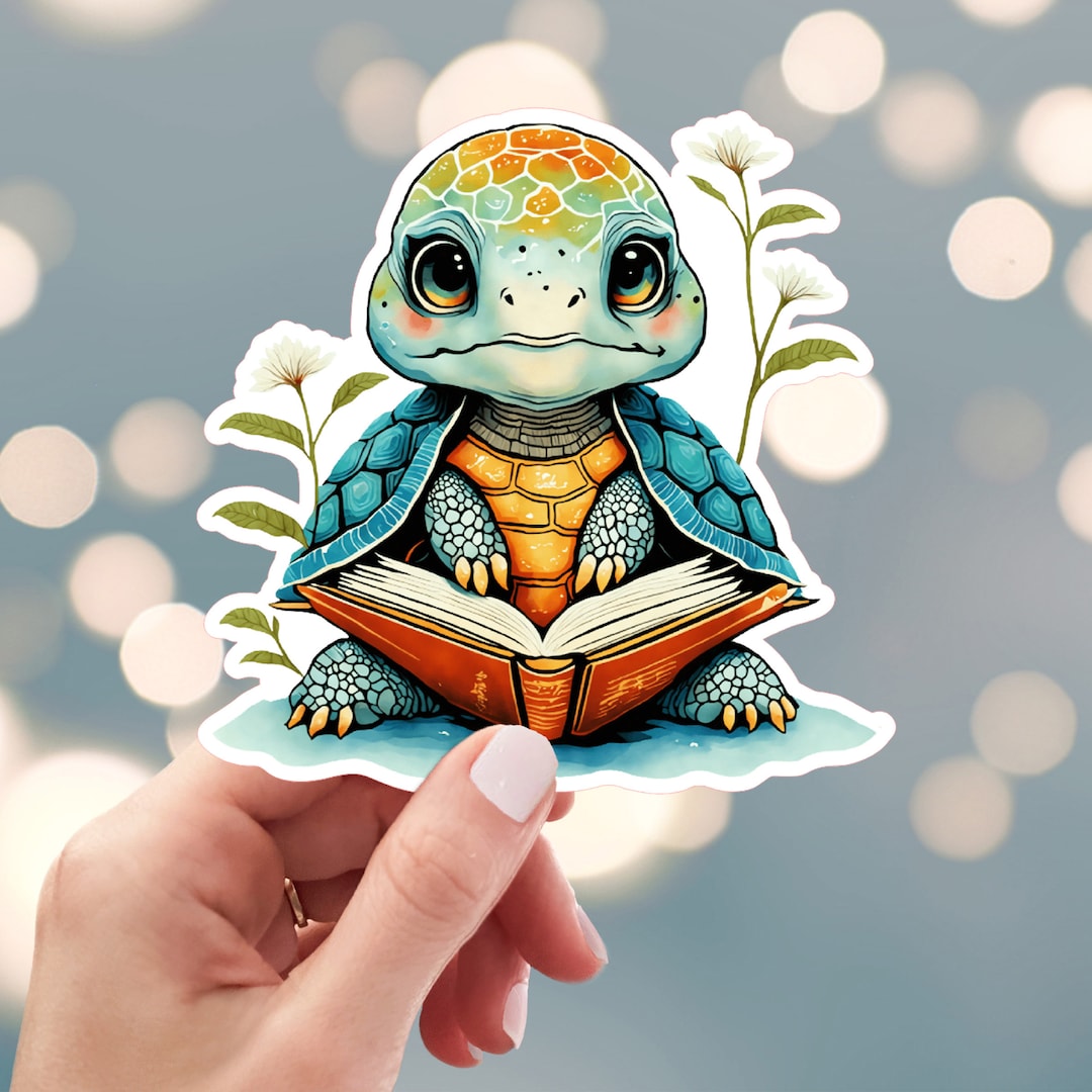 Turtle Sticker, Turtle Reading Book Sticker, Ocean Sea Turtle Sticker, Blue Turtle With Library ...