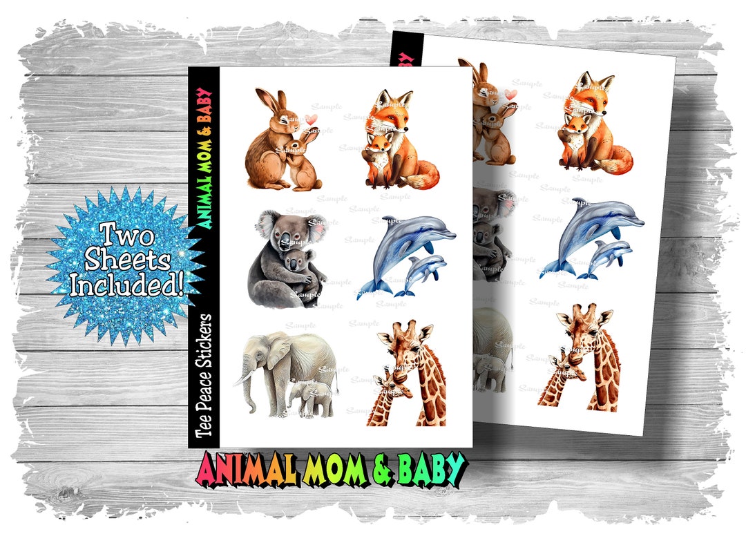 Animal Mom & Baby Sticker Sheets, 2 Sheet Bundle, Baby Wildlife ...