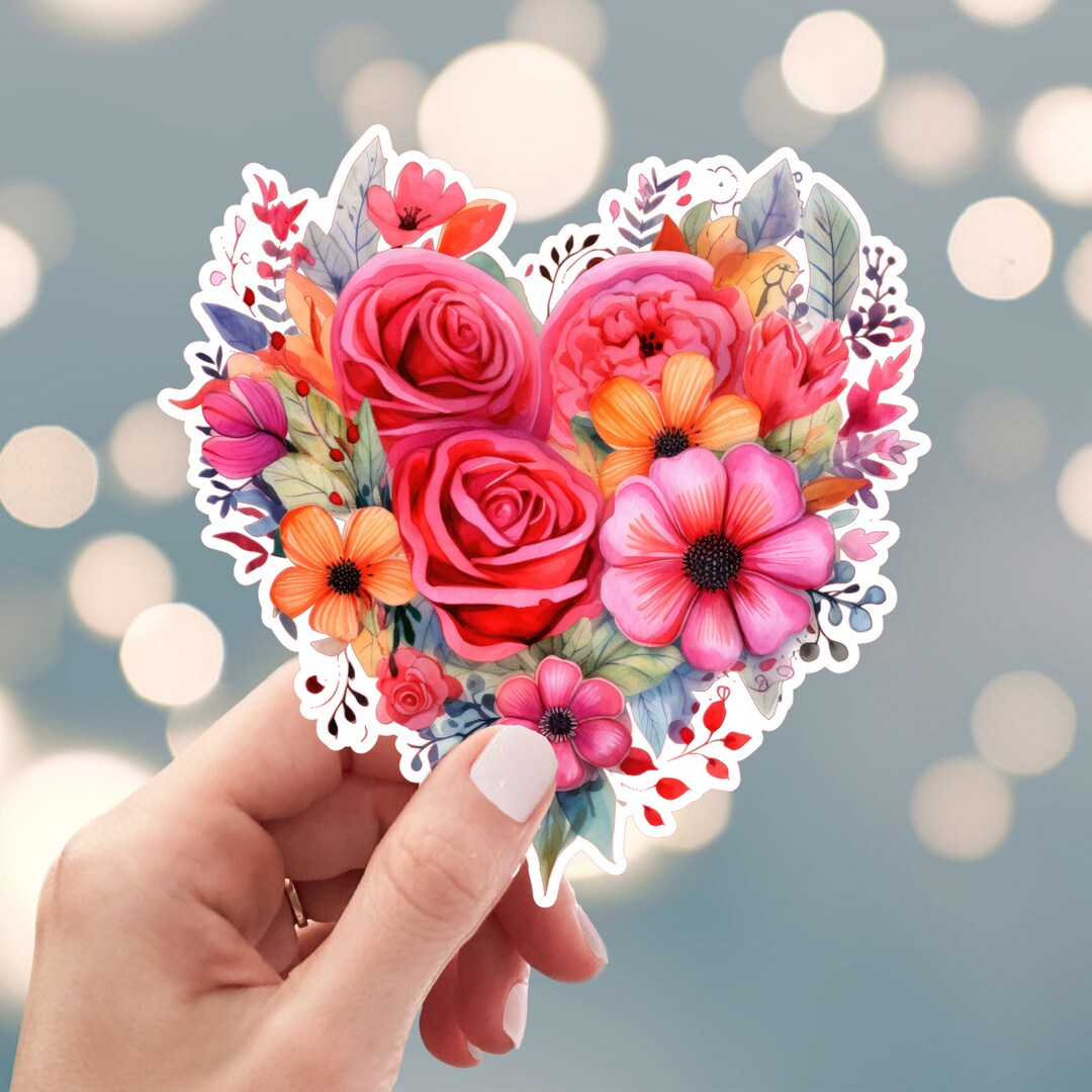 Floral Heart Sticker, Valentine Heart Sticker, Floral Love Heart ...