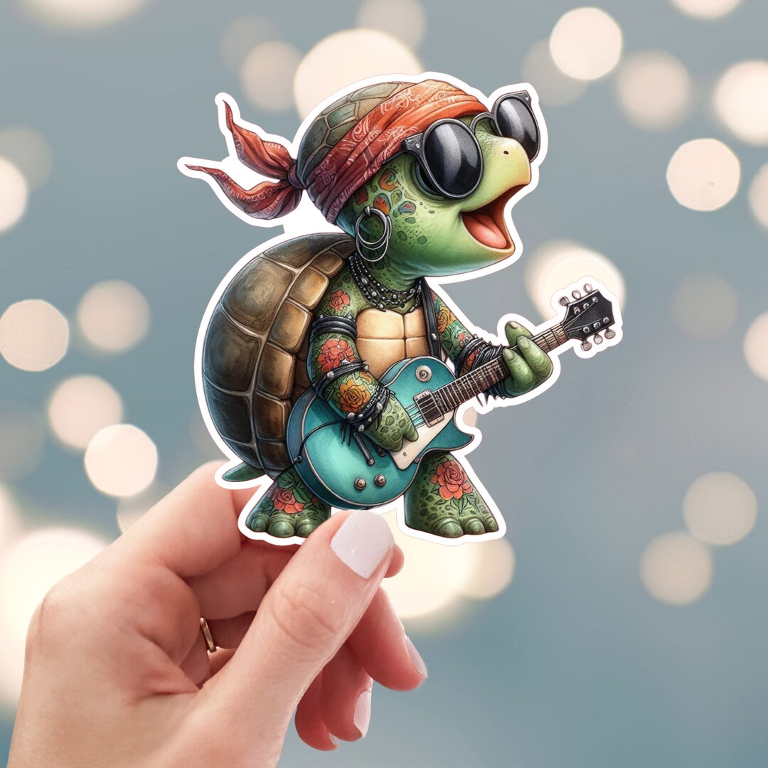 Turtle Rock Music Sticker, Guitar Playing Sea Turtle Sticker, Rock N ...