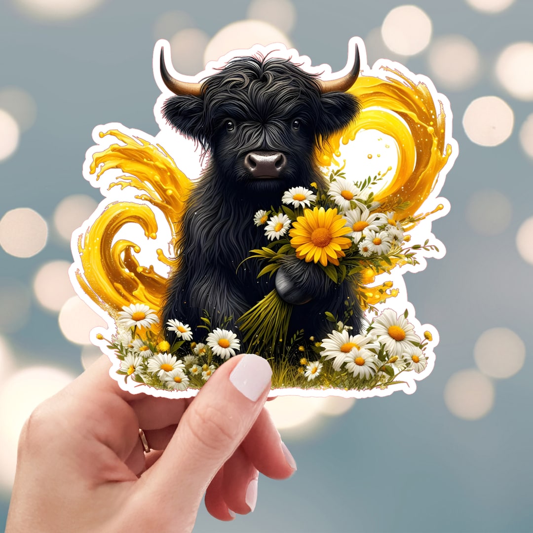 Highland Cow Sticker, Daisy Farm Cow Sticker, Baby Highland Cow Sticker ...
