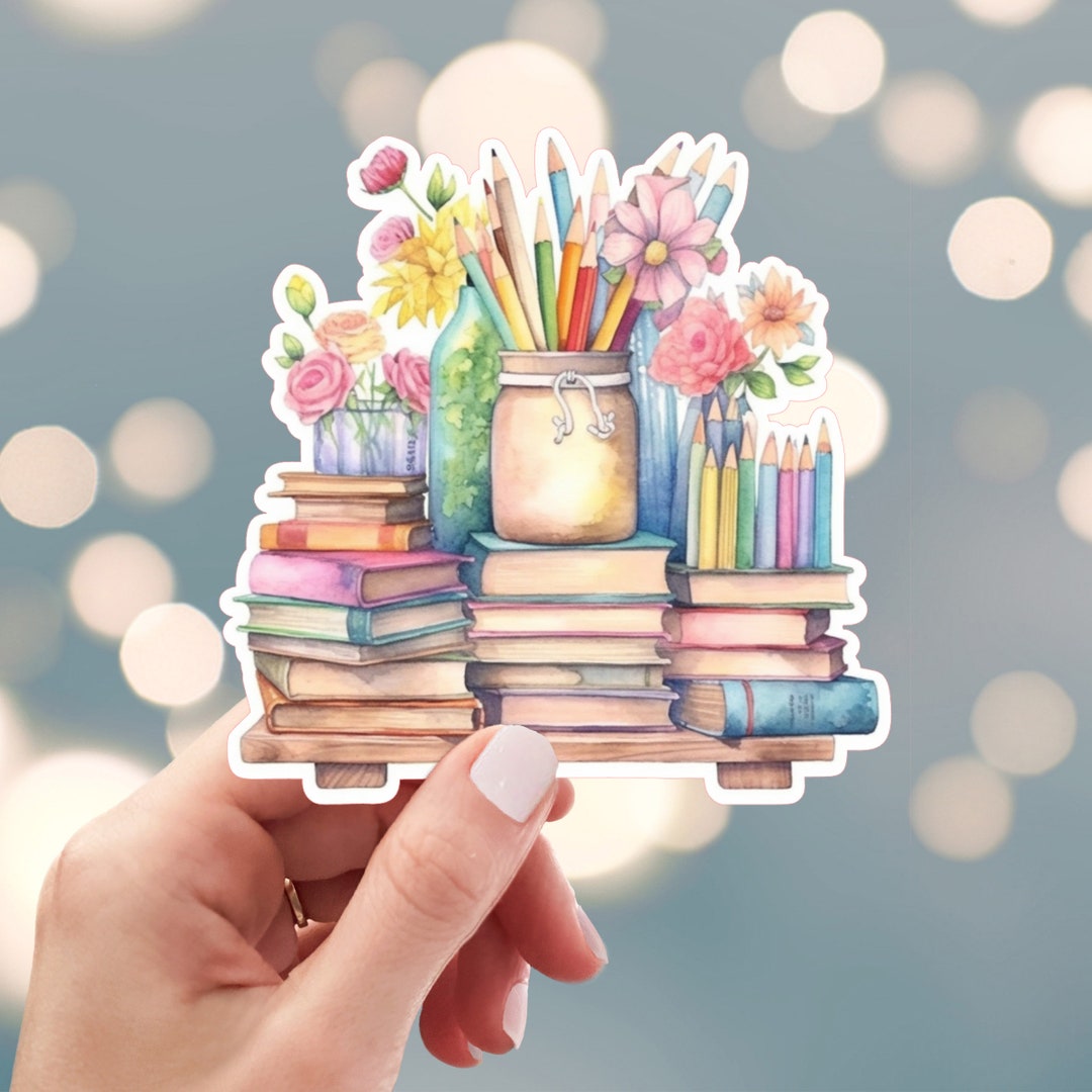 Stack of Books Sticker, Jar of Pencils Sticker, Library Shelf Books ...