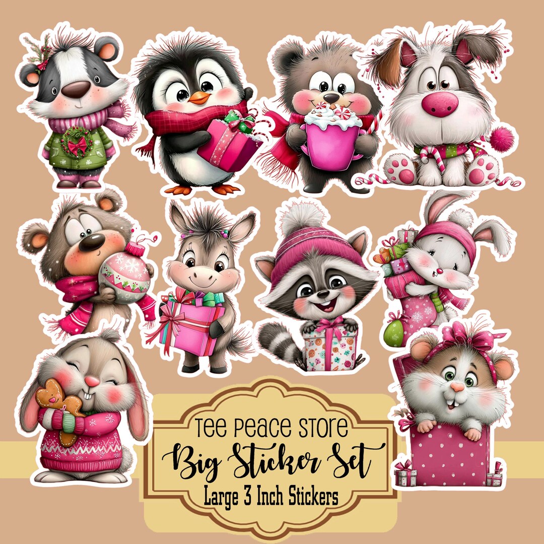 Christmas Critter Sticker Pack: Cute Holiday Animal Big Sticker Bundle ...