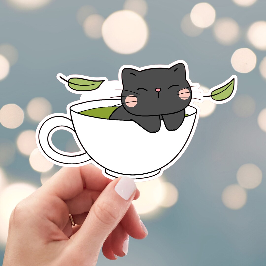 Macha Tea Sticker, Cat in A Cup Sticker, Black Cat Sticker, Cup of ...