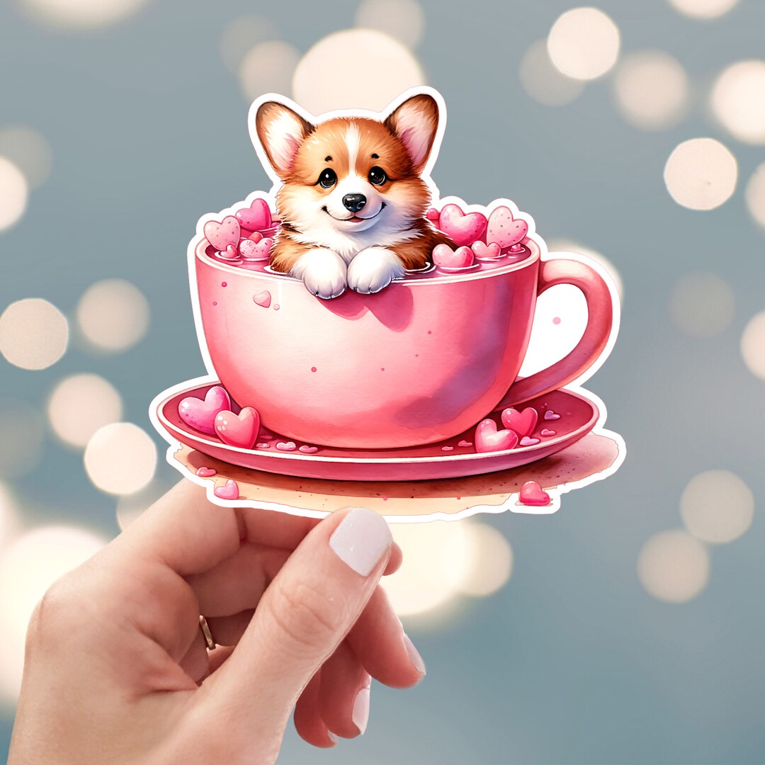 Corgi Sticker, Pink Coffee Cup Sticker, Corgi Dog in A Cup Sticker ...