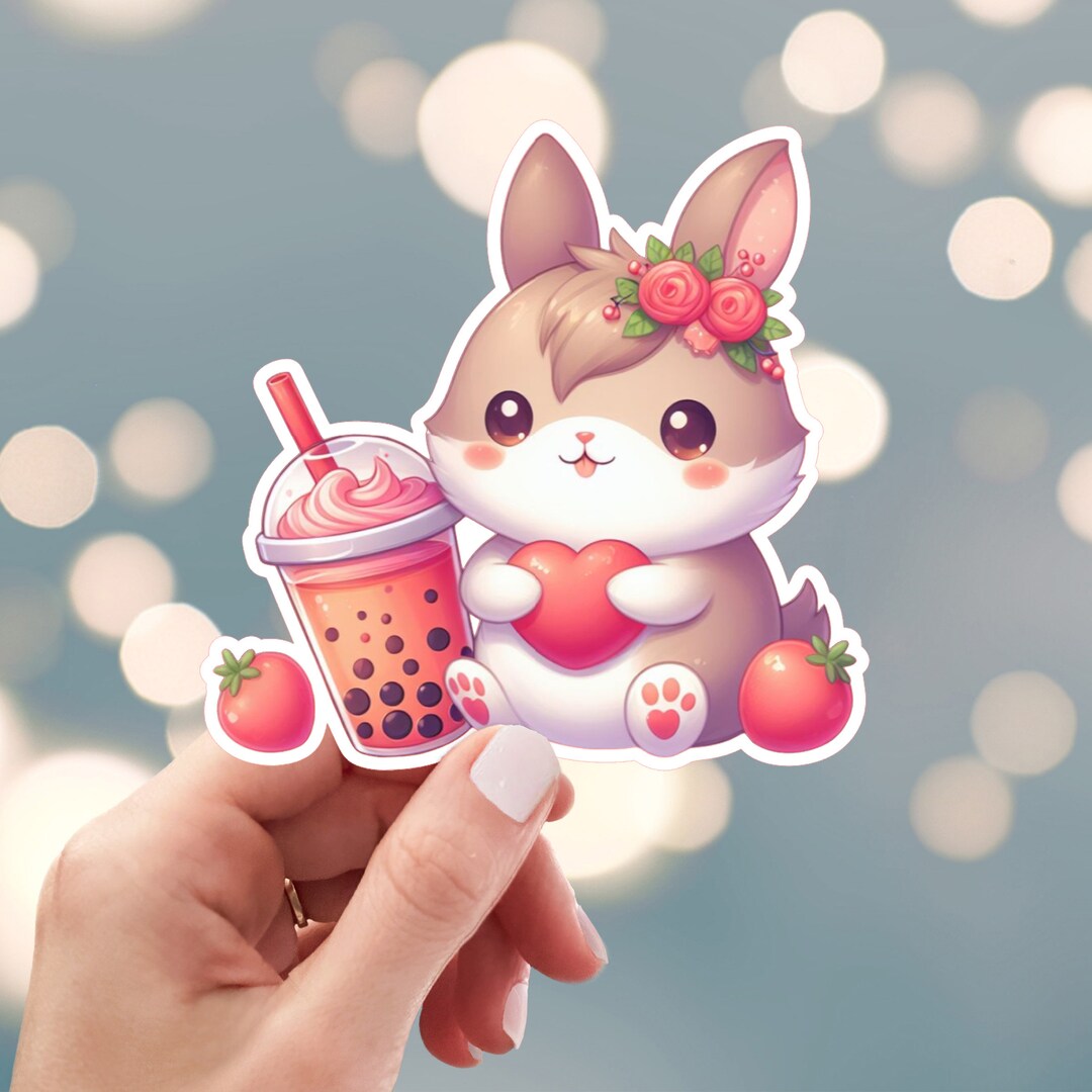 Kawaii Bunny Boba Tea Sticker, Strawberry Refresher Sticker, Bubble Tea ...